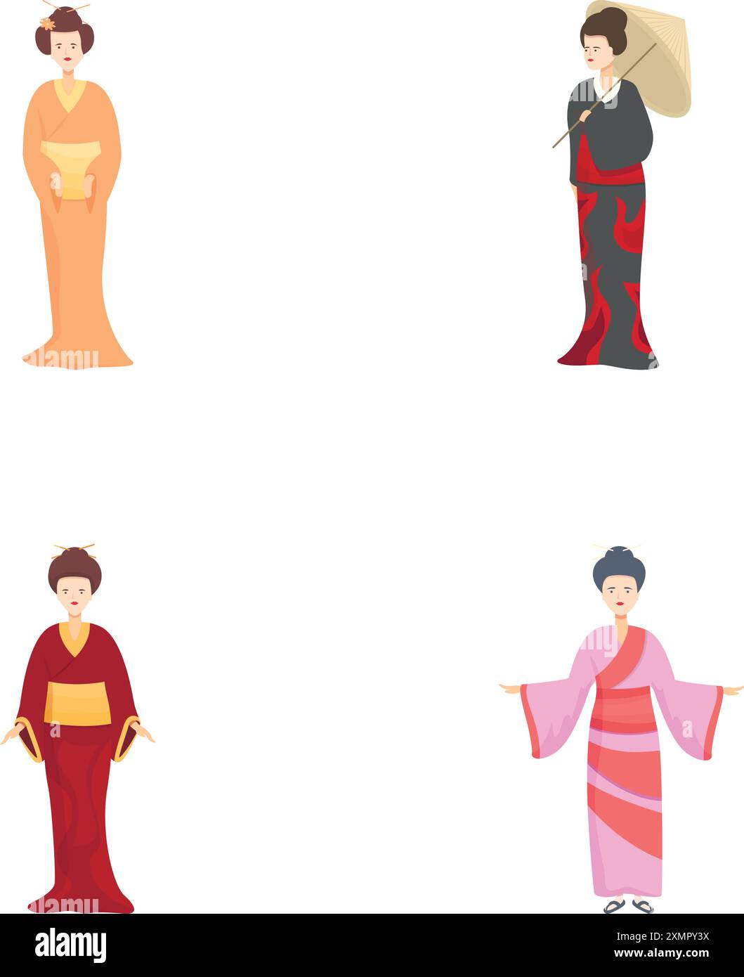 Collection of illustrated geisha figures in colorful kimonos ...