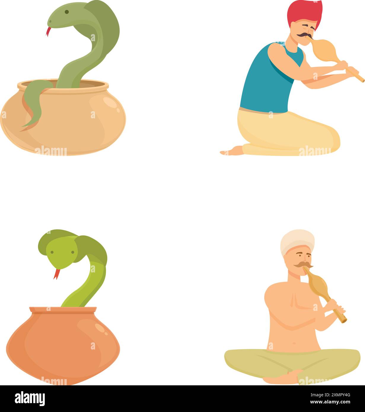 A collection of illustrations featuring a snake charmer and a cobra in ...