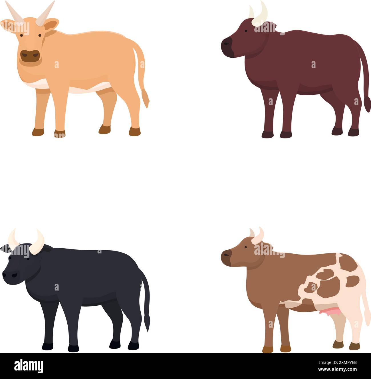 Collection of four cute illustrated cows in different colors isolated ...
