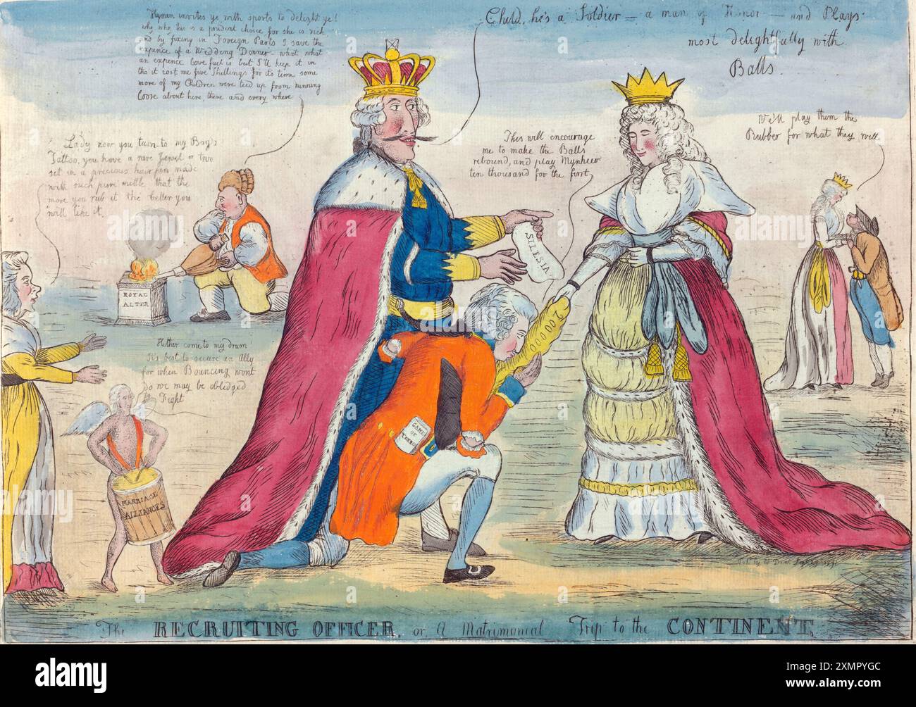 A humorous cartoon print coloured engraving of The recruiting Officer ...
