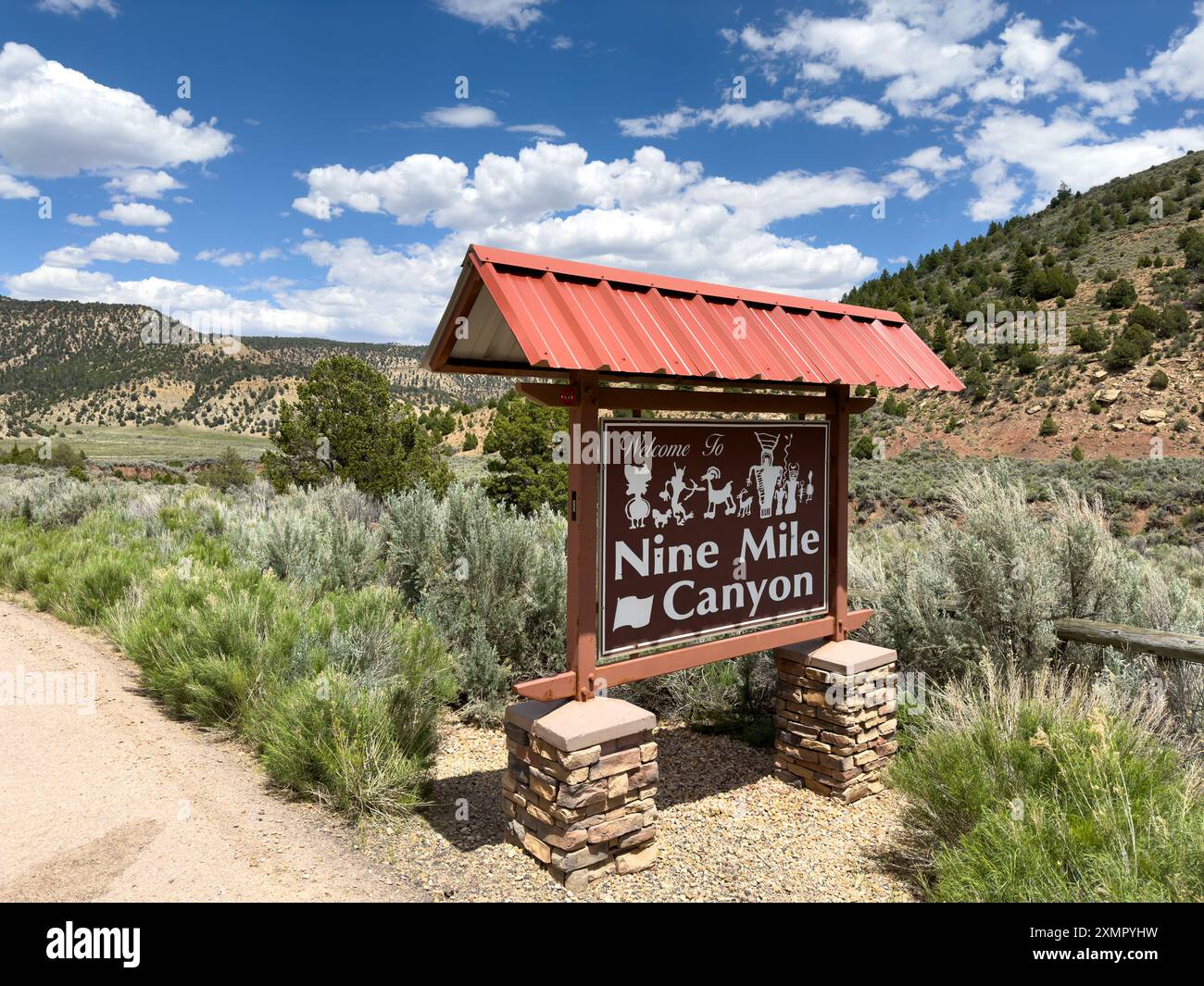 A sign with drawings of Native American petroglyphs at the entrance to ...