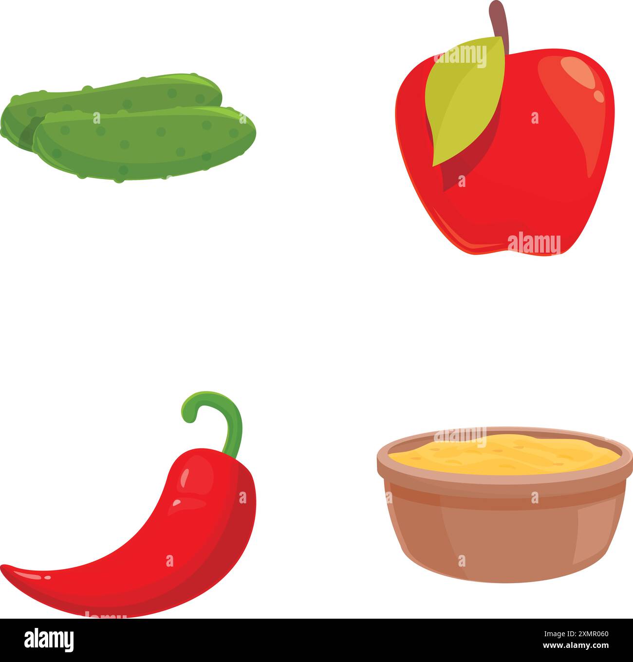Colorful vector illustrations of a cucumber, apple, chili pepper, and ...