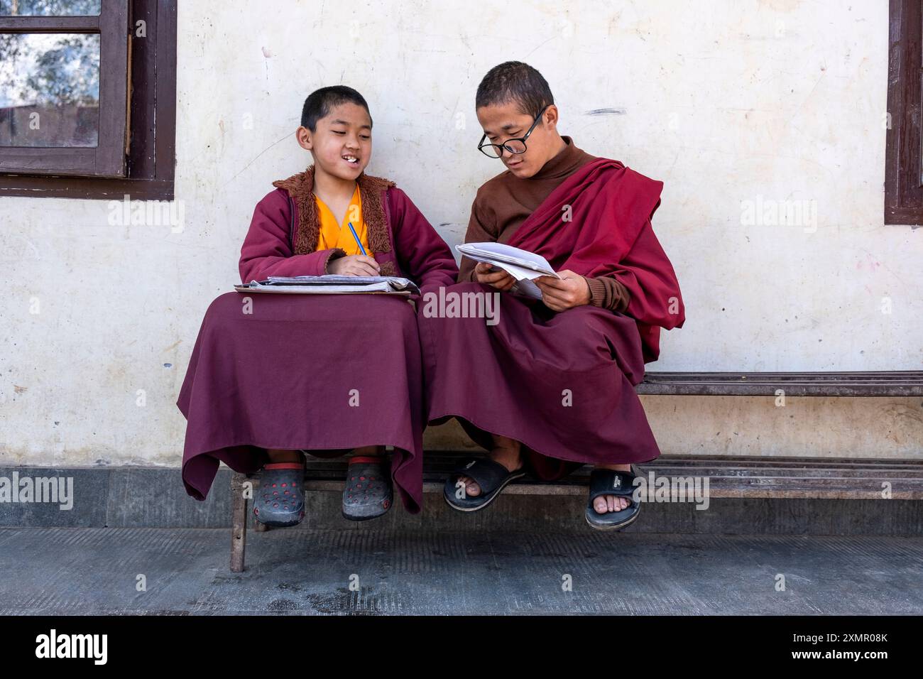 Novice monks study outside their school room, Enchey Monastery, Gantok, Sikkim, India, Asia ...