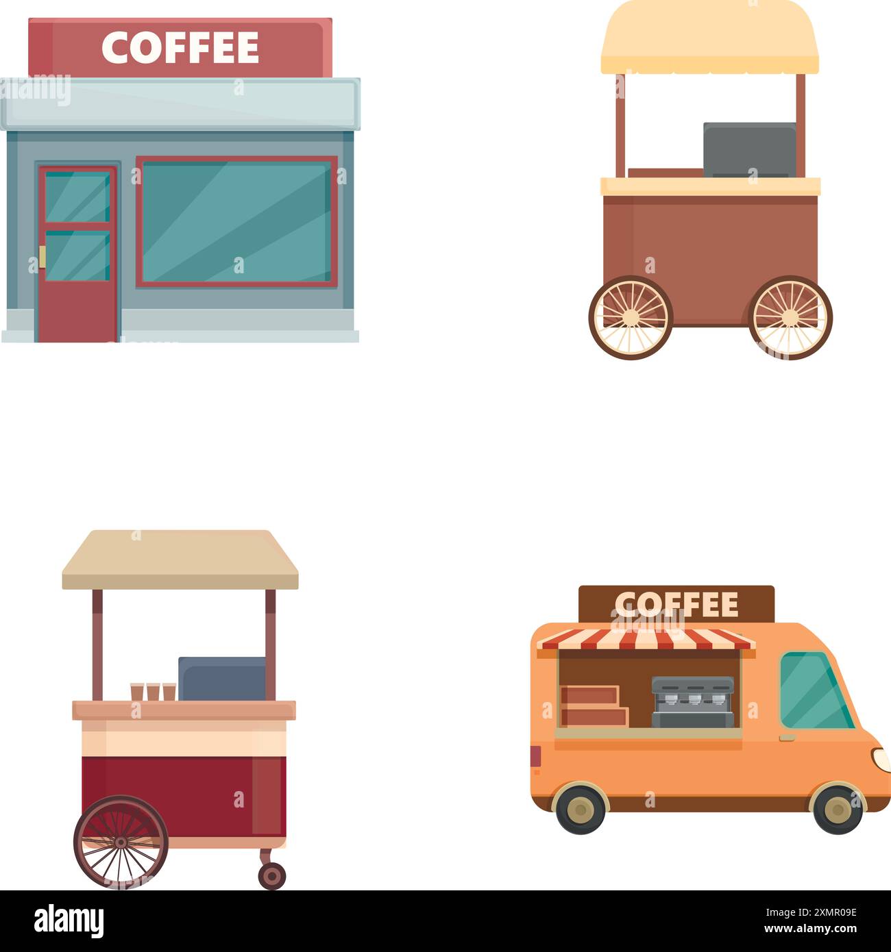 Set of four illustrations featuring different styles of coffee shops ...