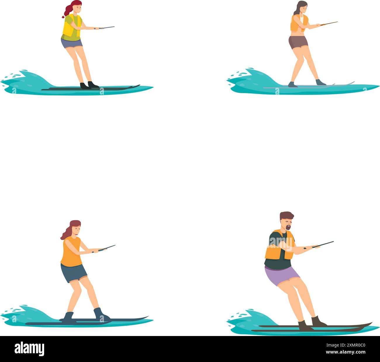 Vector illustrations of diverse individuals enjoying stand up paddleboarding, isolated on white ...