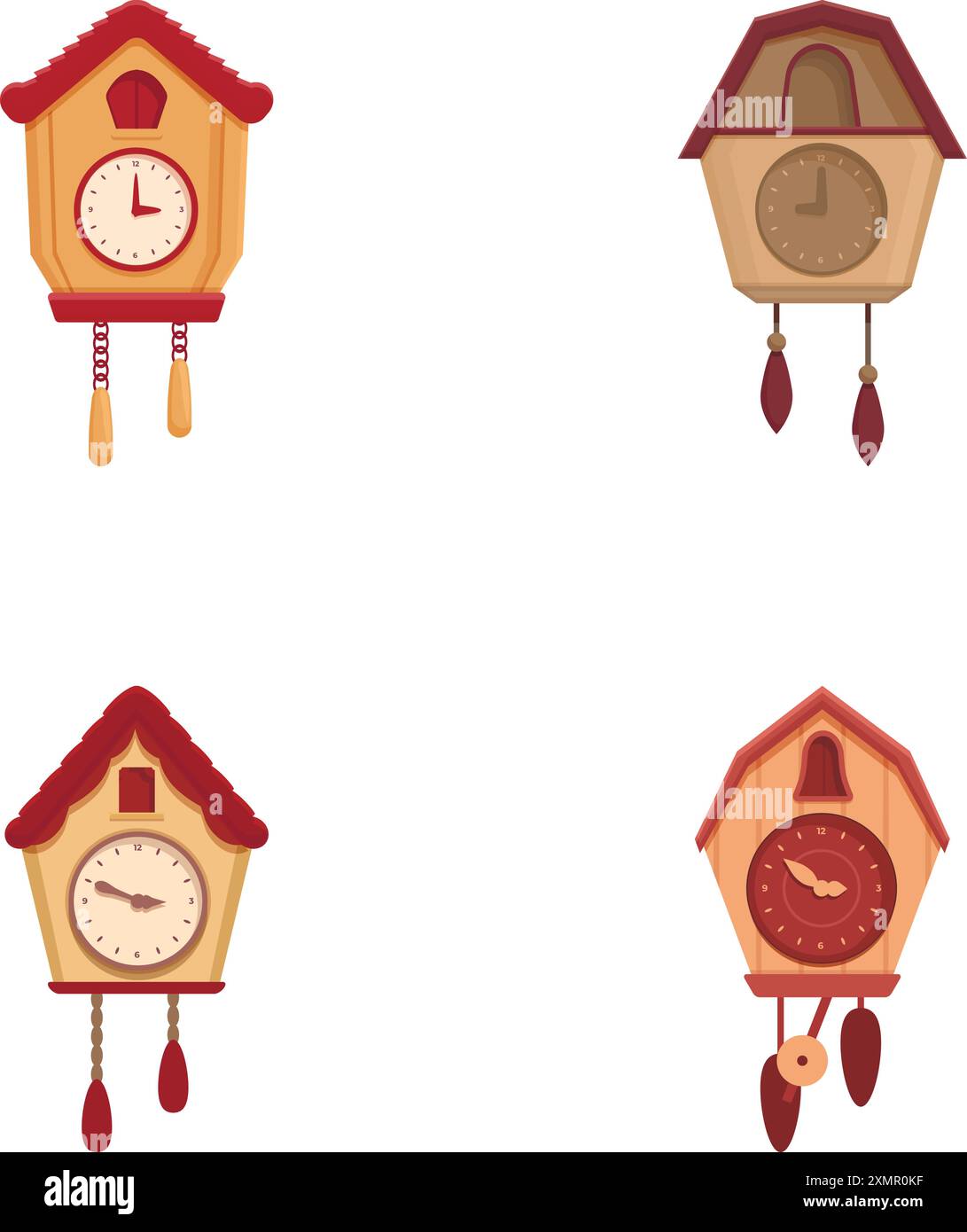 Collection of four traditional cuckoo clocks with intricate designs ...