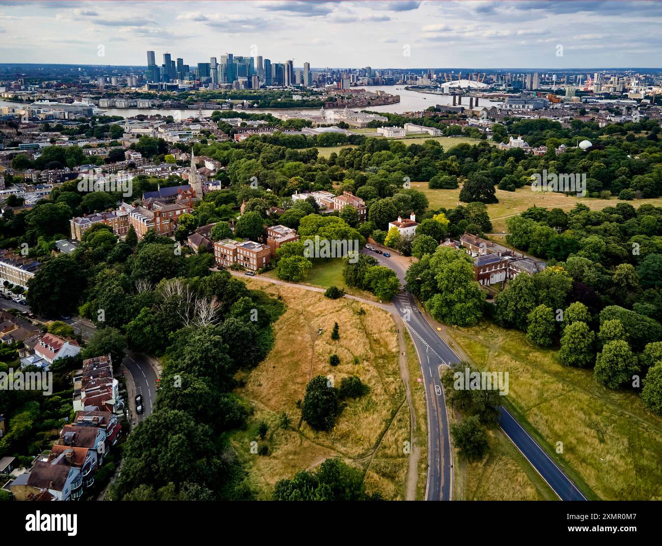 Aerial View of London Docklands from Blackheath common,, London England ...
