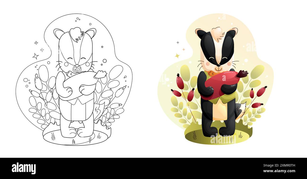 Childrens animals set. Cute Badger Characters Coloring Page Black and ...