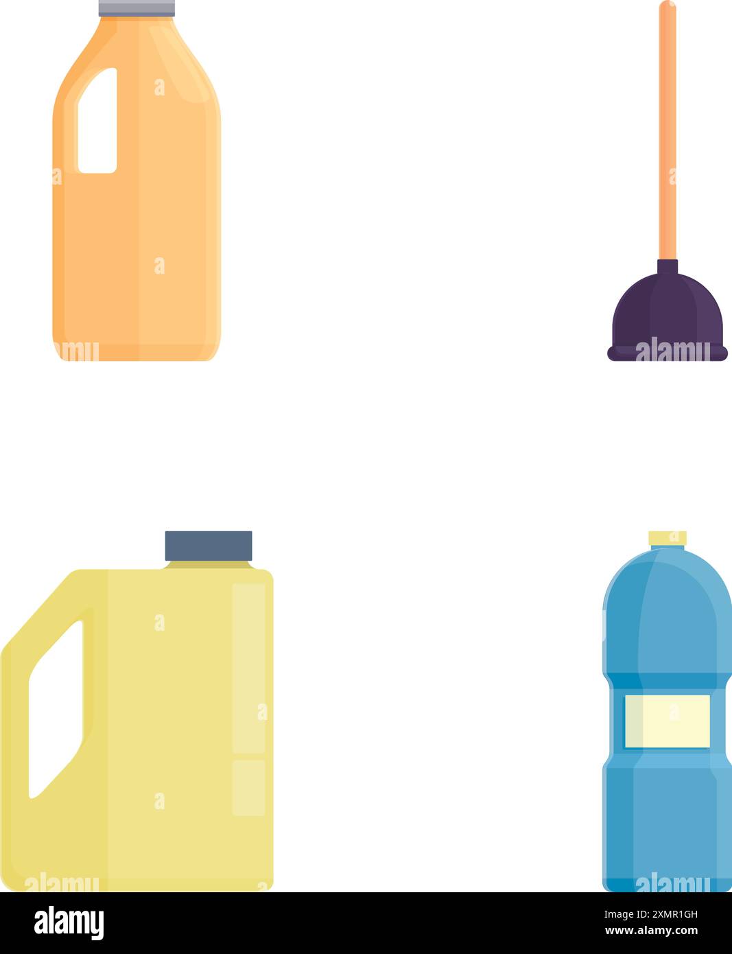 Vector illustration of a milk jug, plunger, fuel can, and water cooler ...