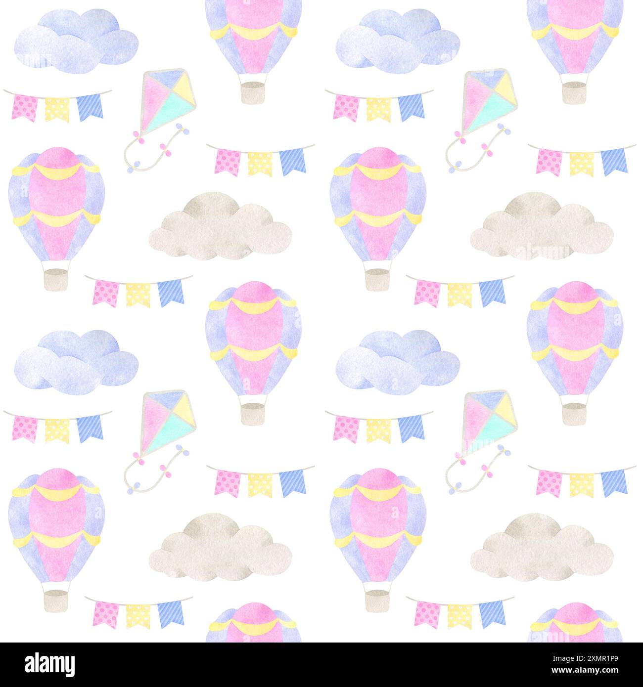 Watercolor pastel hot air balloon, clouds, kite and flags garland ...