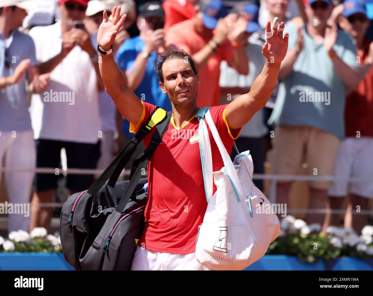 Paris, France. July 29th 2024. Spain's Rafael Nadal applauds the crowd ...