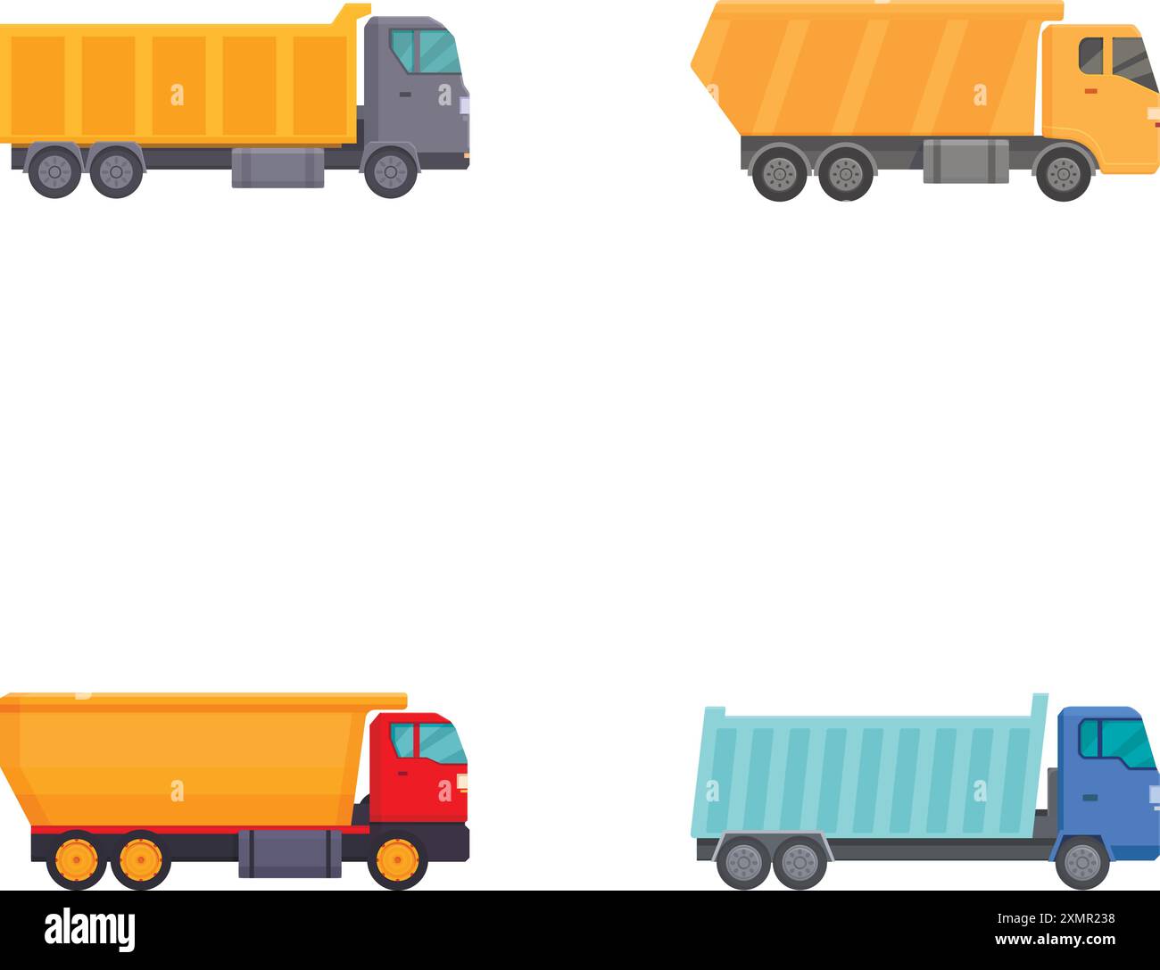 Collection of four colorful cartoon dump trucks, side view on a white ...