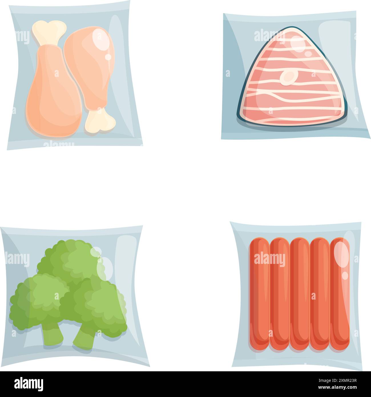Set of four cartoonstyle icons representing sealed plastic packages of ...