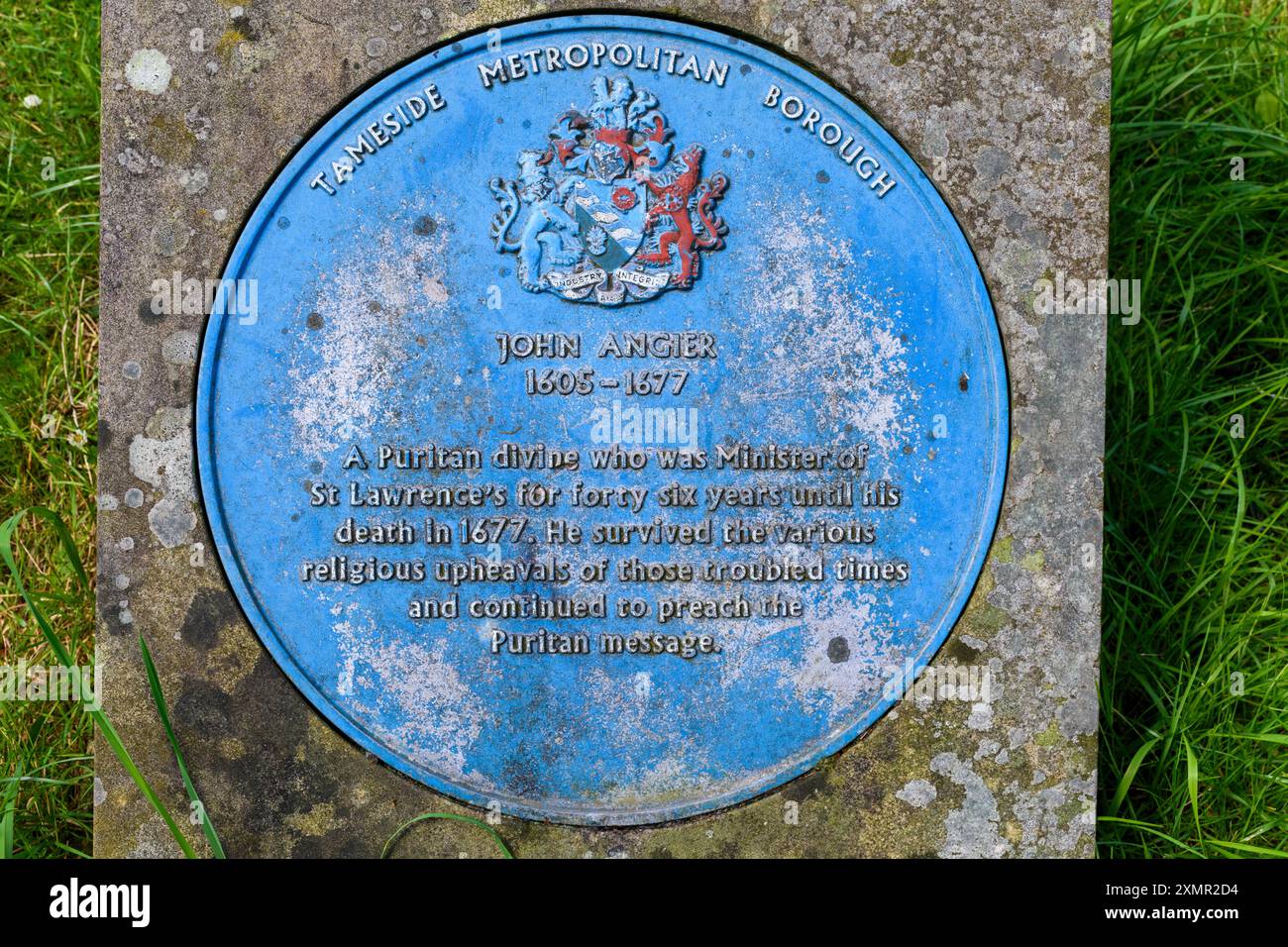 Blue plaque outside the Church of St Lawrence, dedicated to John Angier ...