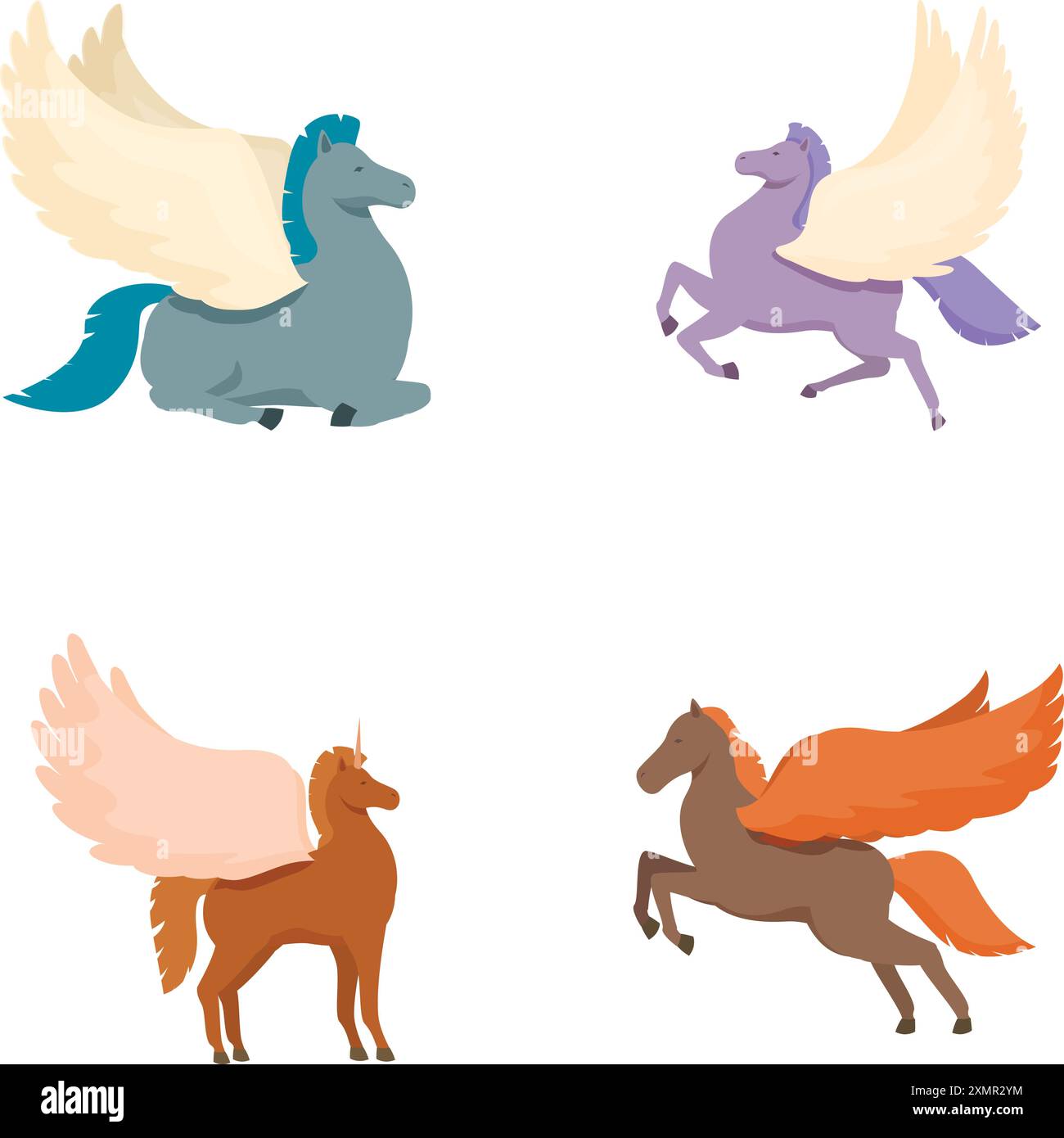 Set of stylized pegasus illustrations featuring different colors ...
