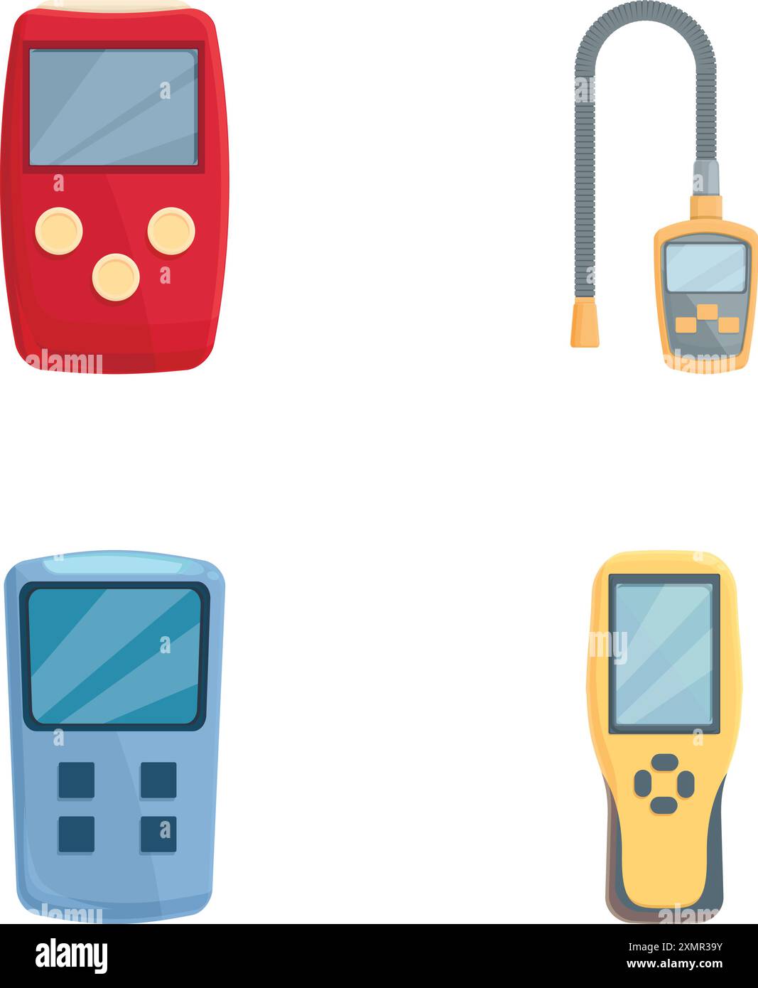 Illustration of four colorful electronic handheld gadgets including a ...