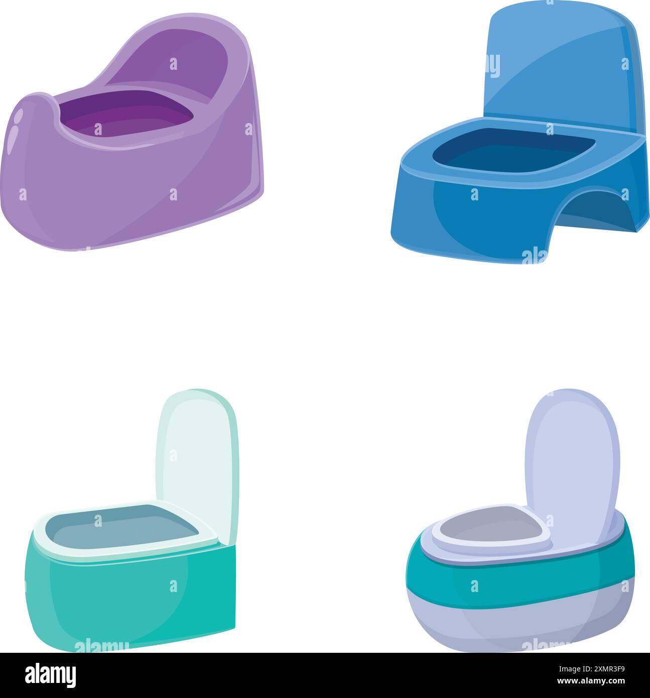 Colorful collection of four cartoonstyle baby potty chairs isolated on ...