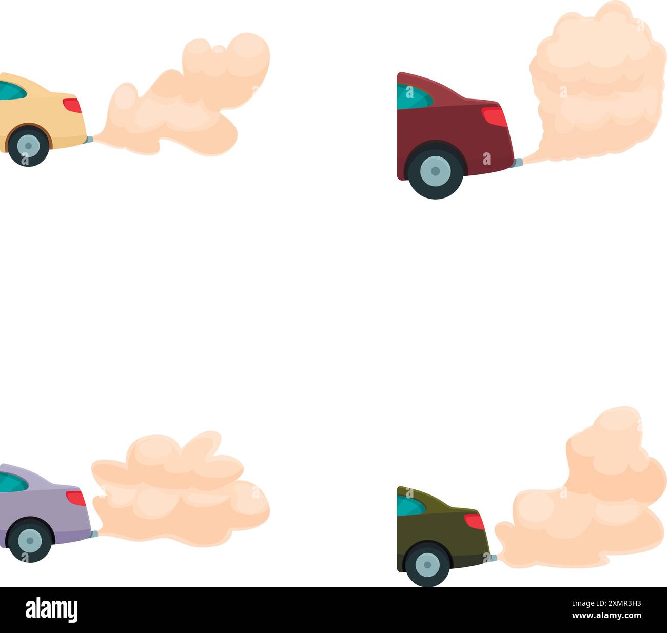 Set of four cartoon cars emitting heavy exhaust fumes, environmental ...