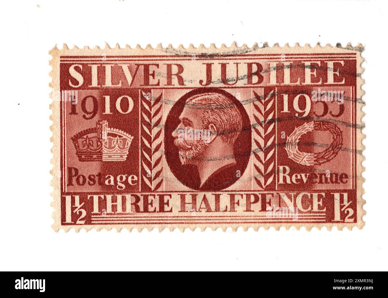 A vintage King George V postage stamp featuring the Silver Jubilee 1935 on a white background ...