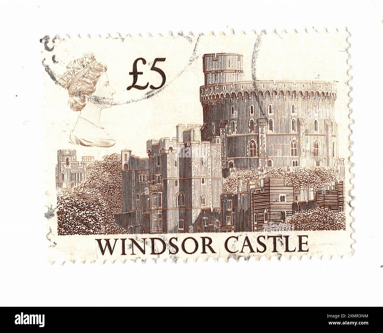 A vintage Queen Elizabeth II postage stamp featuring Windsor Castle on ...