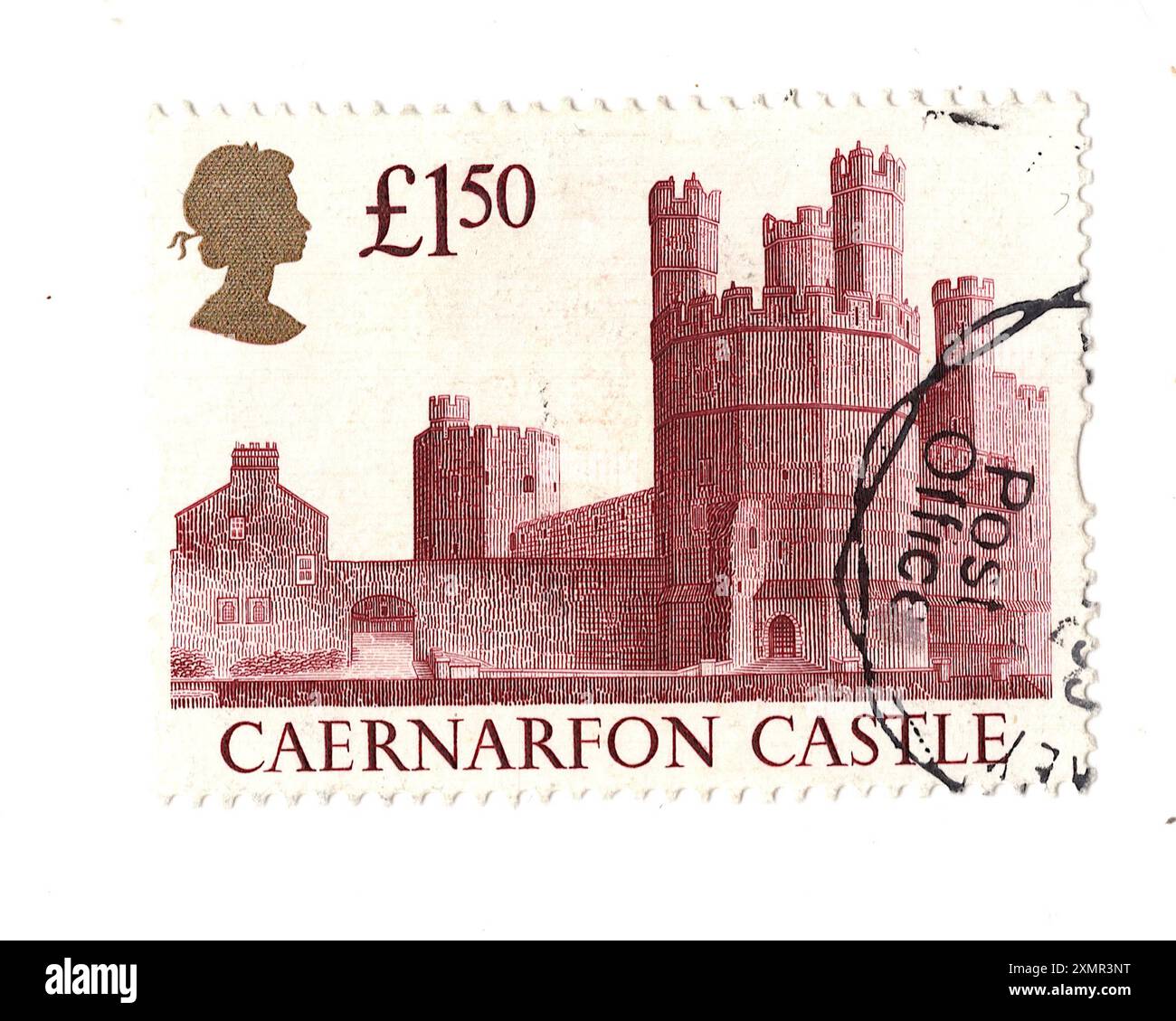 A vintage Queen Elizabeth II postage stamp featuring Caernarfon Castle ...