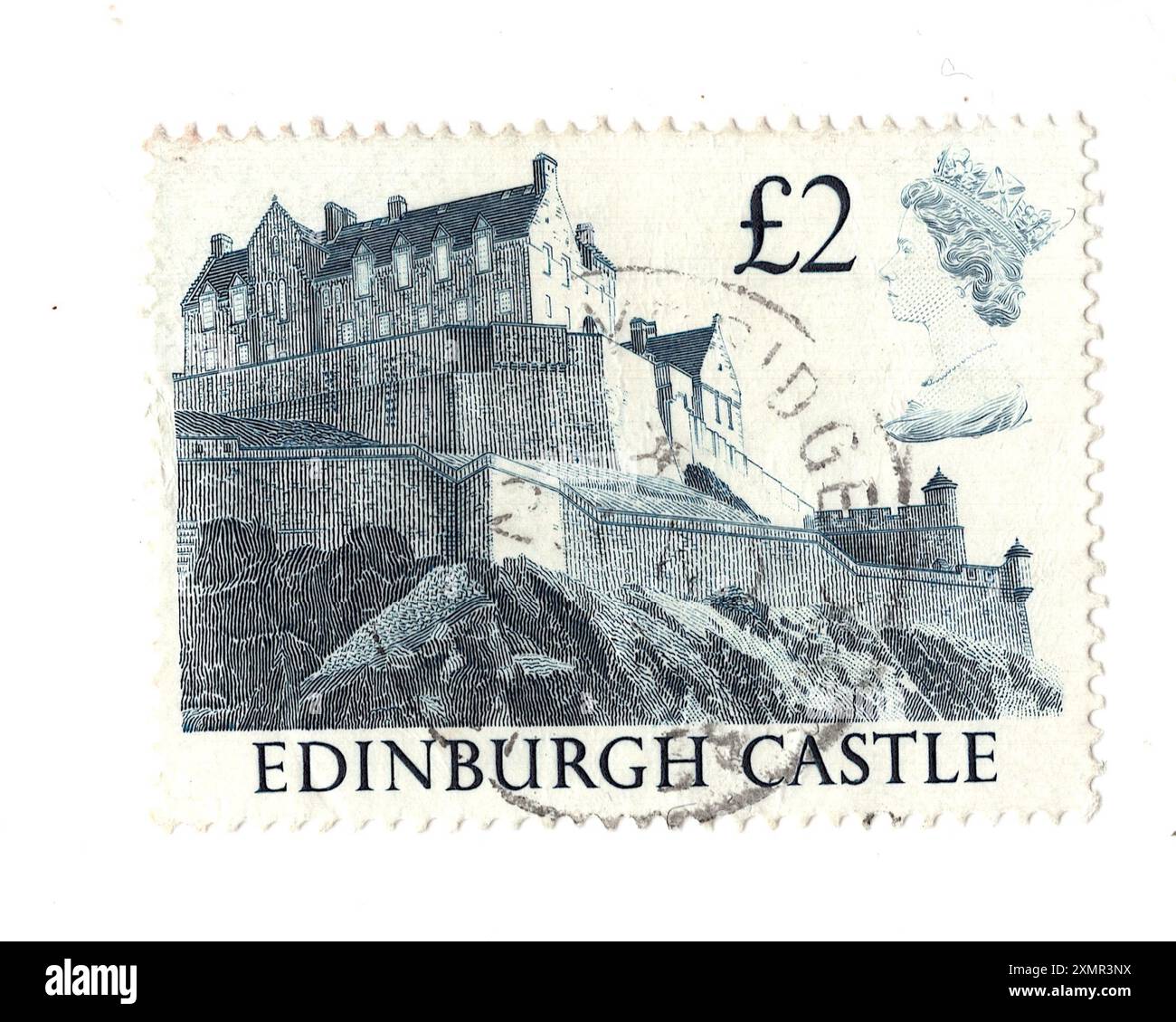 A vintage Queen Elizabeth II postage stamp featuring Edinburgh Castle ...