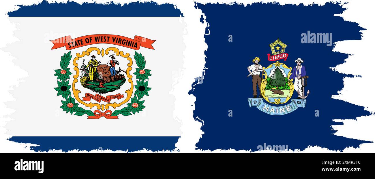Maine and West Virginia states grunge brush flags connection, vector ...