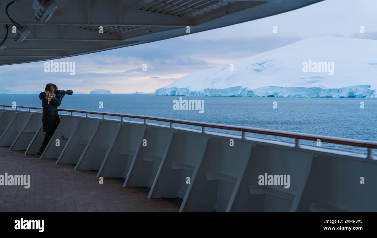 Epic Wide View Female Photographer on Antarctica Cruise Ship Promenade ...