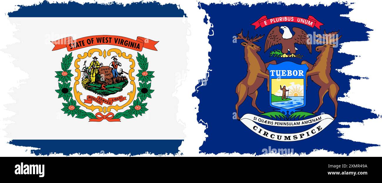 Michigan and West Virginia states grunge brush flags connection, vector ...
