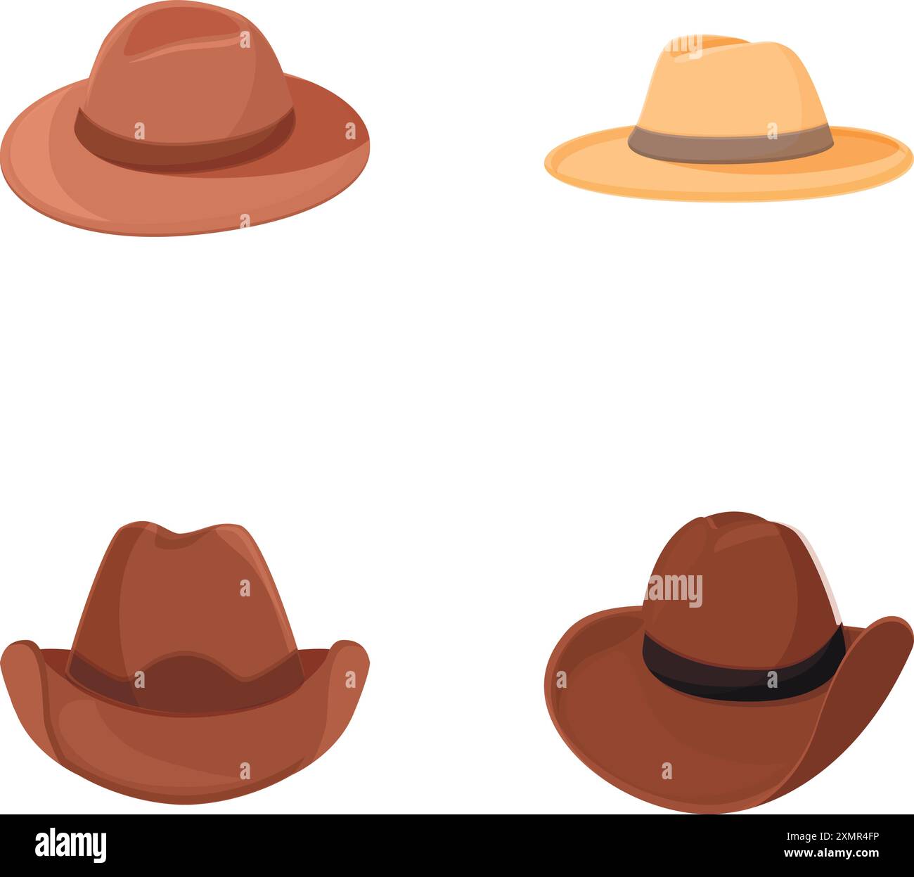 Collection of four cartoon fedora hats in various colors isolated on ...
