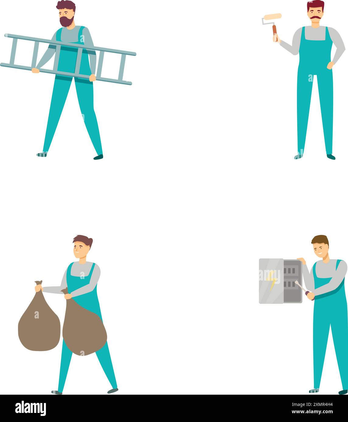 Collection of four vector illustrations featuring a handyman in ...