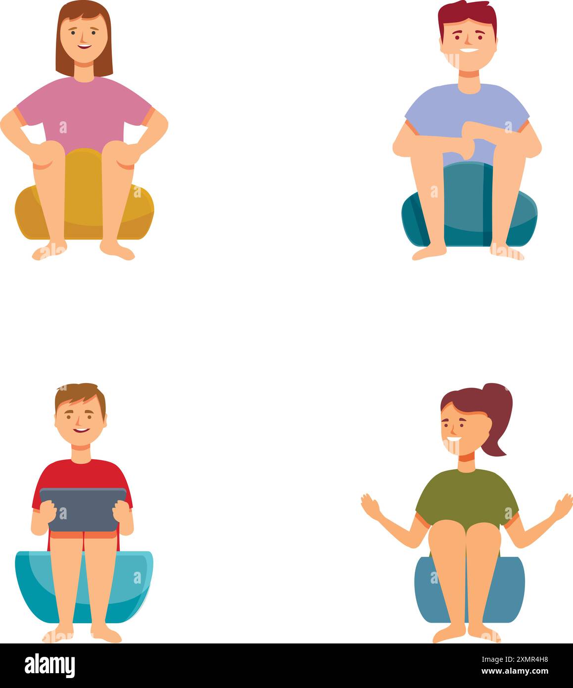 Collection of flat design illustrations featuring characters seated in ...