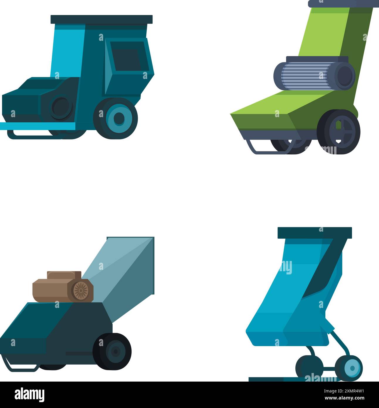 Collection of four stylized cartoon dump trucks in various colors ...