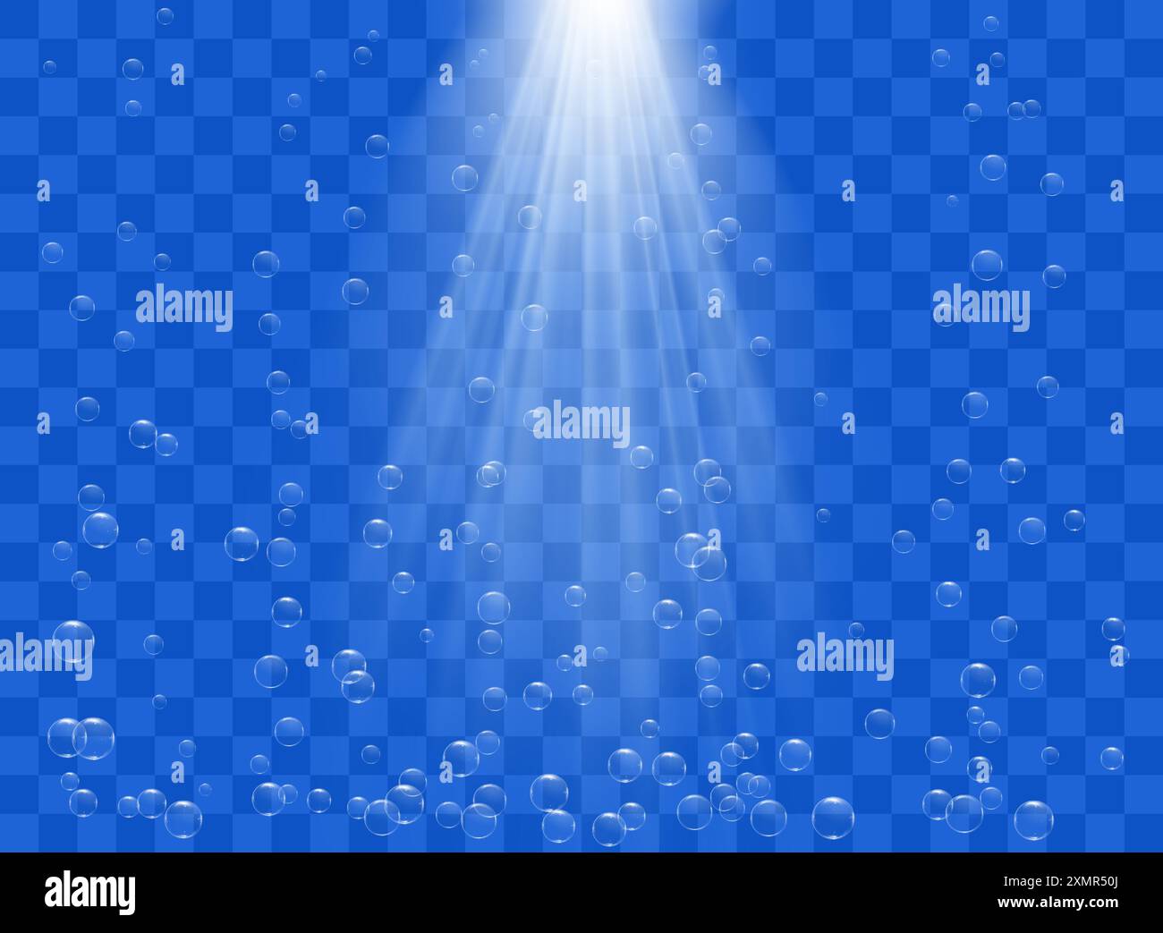 Bubbles of air or carbonated water underwater rise up under sunlight ...