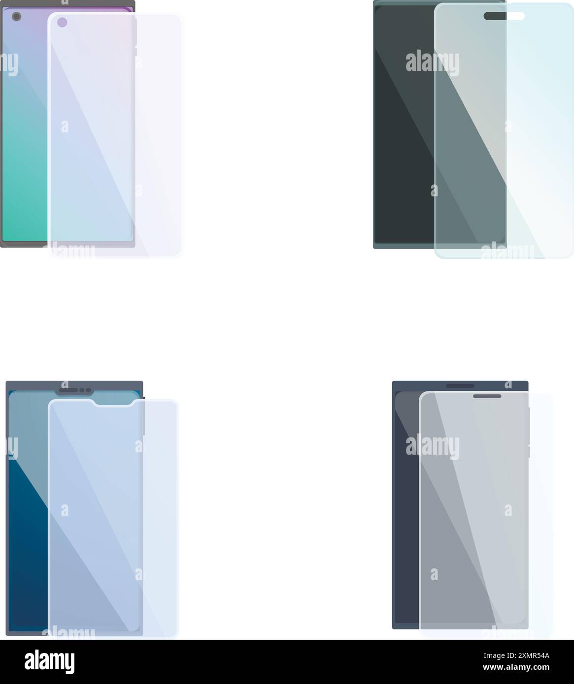 Vector illustration of various smartphone screen protectors on white ...