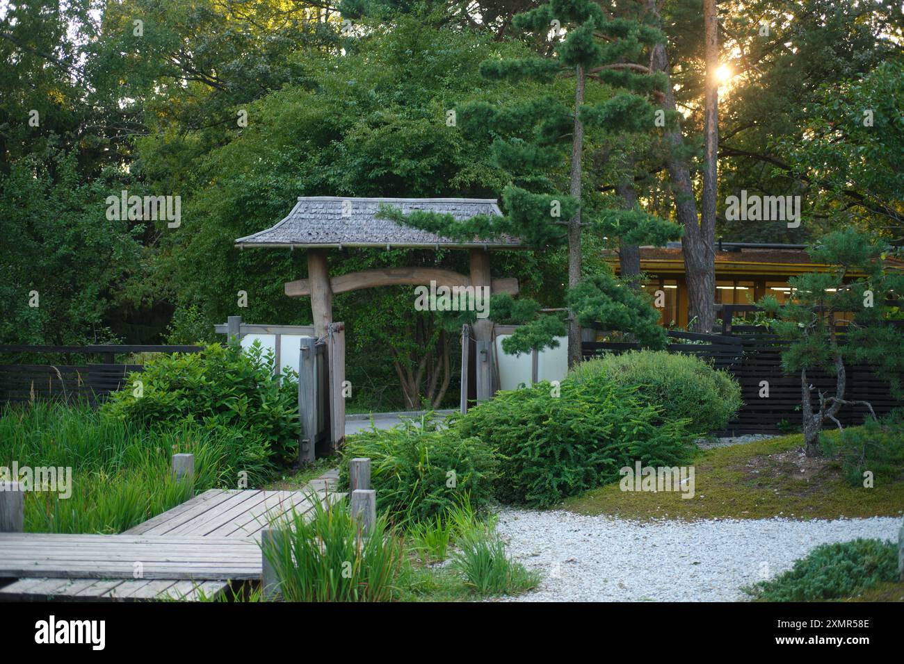 Traditional Japanese garden gate with wooden path and lush greenery at ...