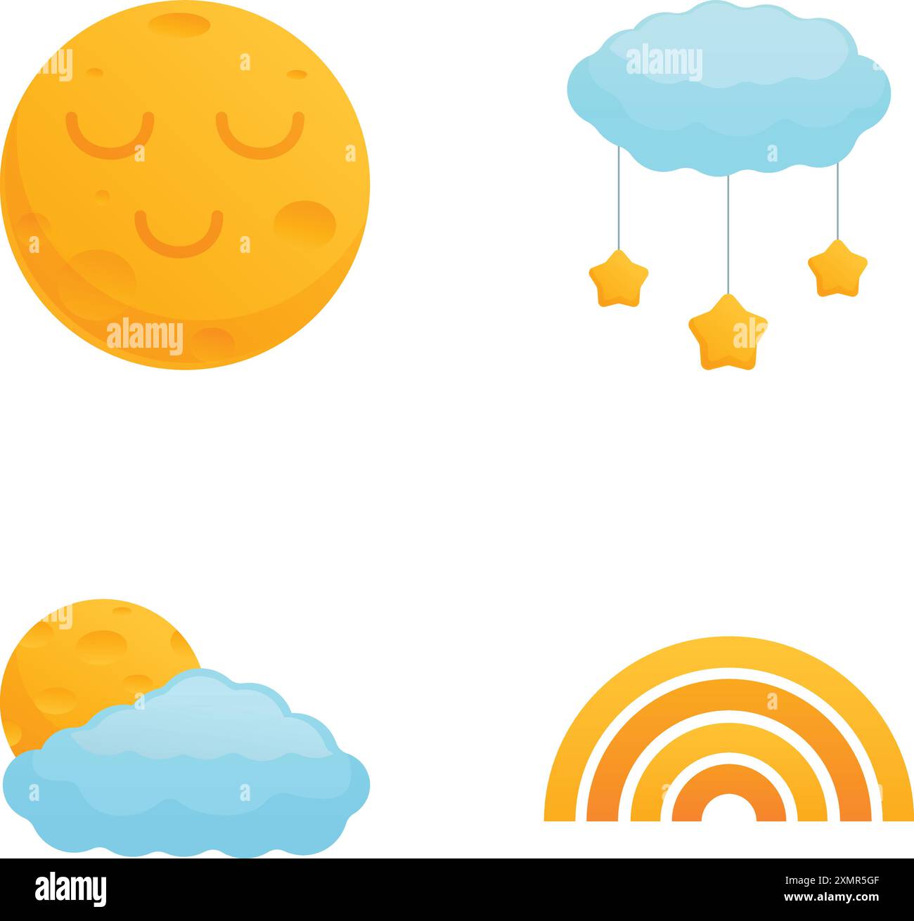 Collection of cheerful cartoon weather icons including the sun, clouds ...