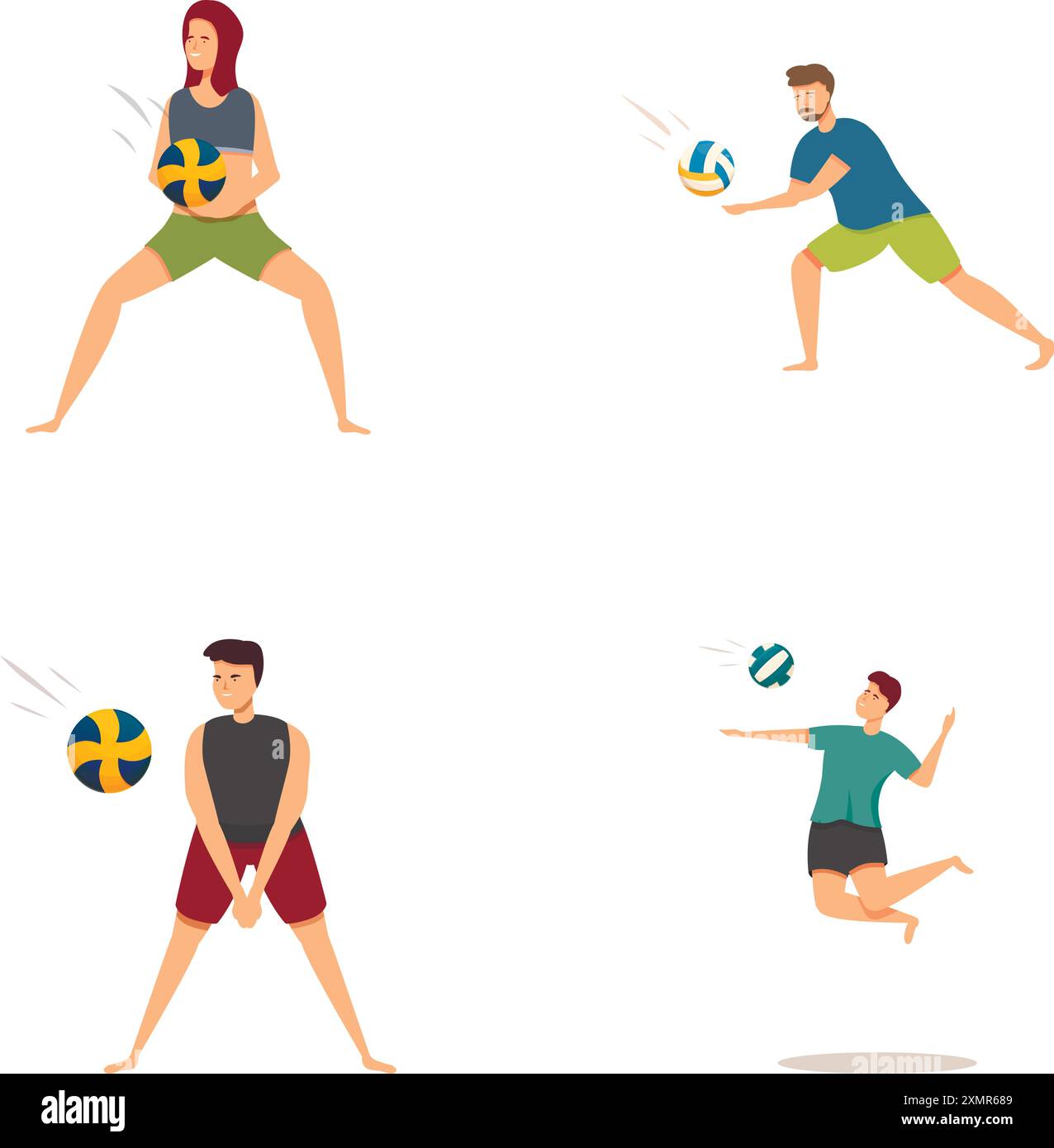Vector illustrations of male and female volleyball players performing ...