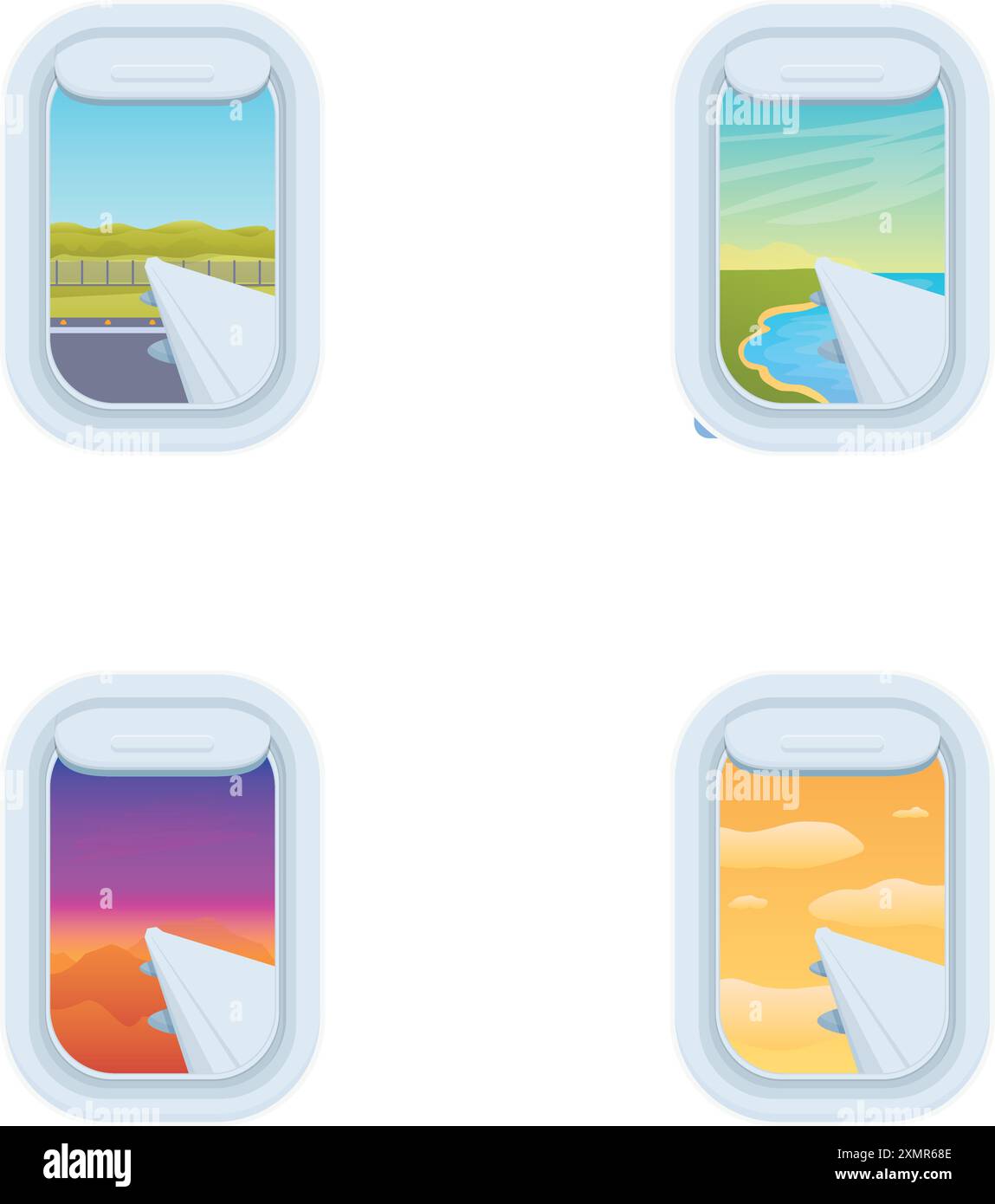 Illustrations of airplane windows with views representing spring, summer, autumn, and winter ...