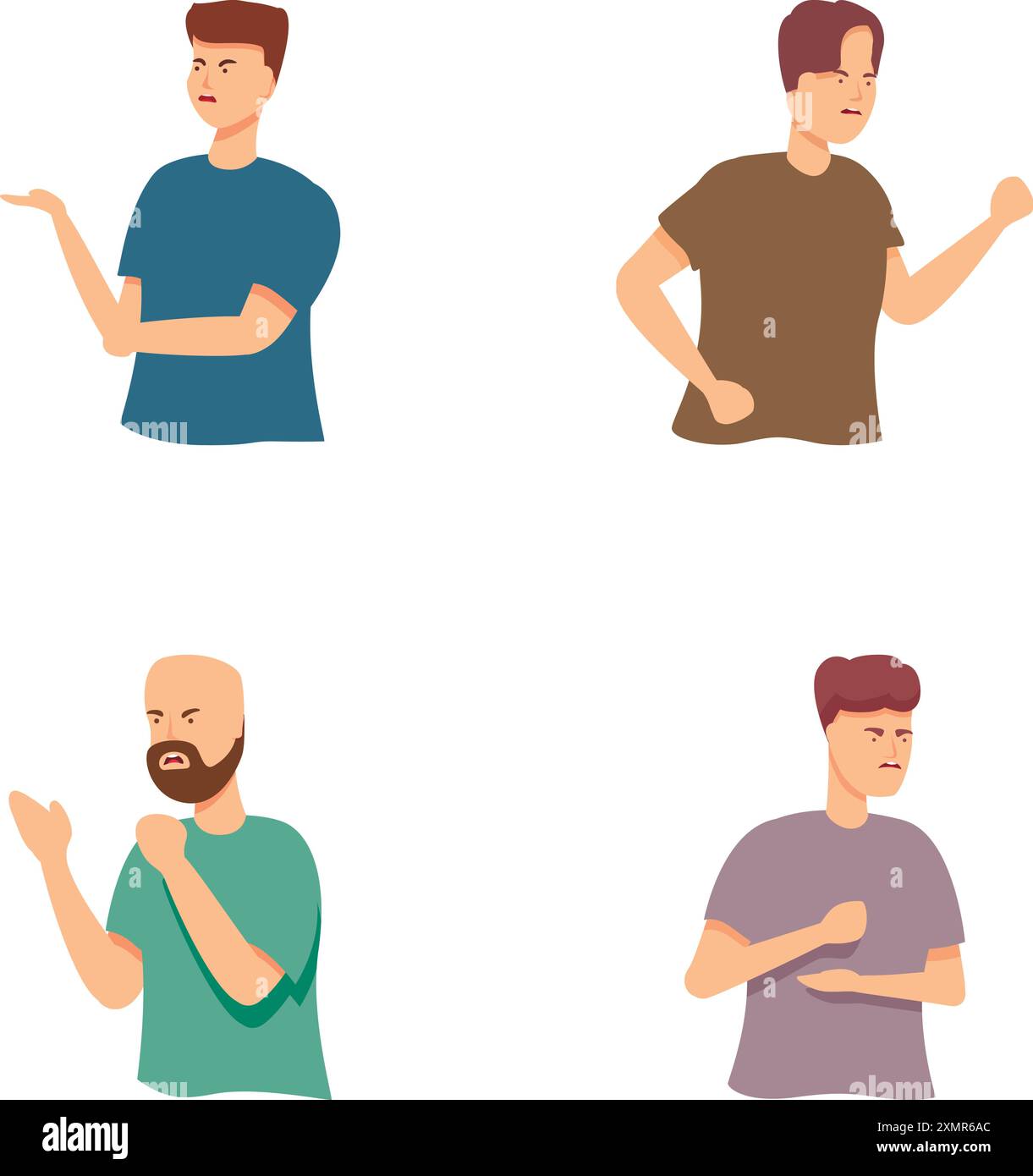 Vector illustration of four men expressing various feelings through body language and gestures ...