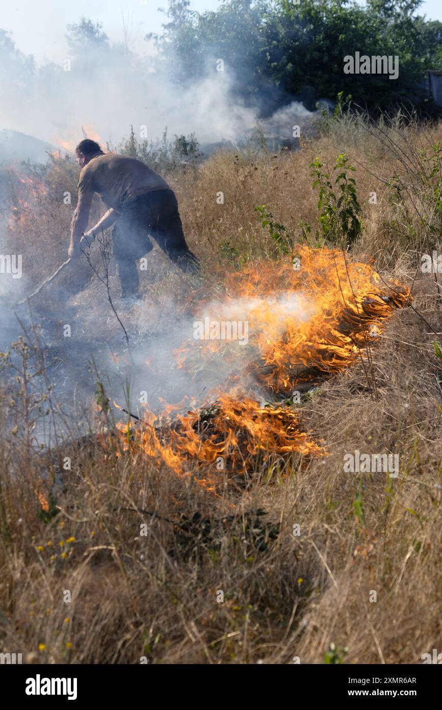 Forest and steppe fires dry completely destroy the fields and steppes during a severe drought ...