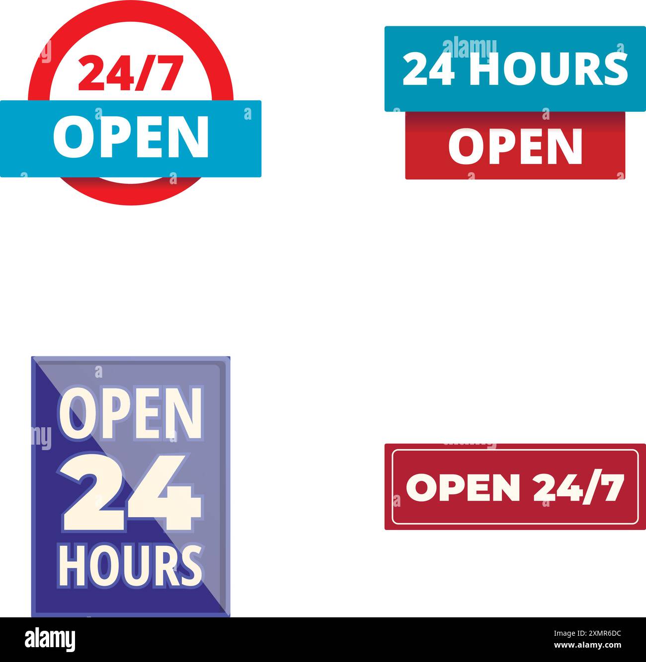 Collection of four various 247 open signs in vibrant flat design style ...