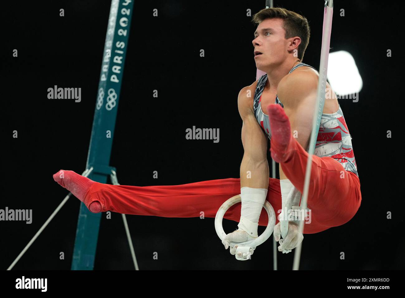 Brody Malone, of the United States, performs on the rings during the ...