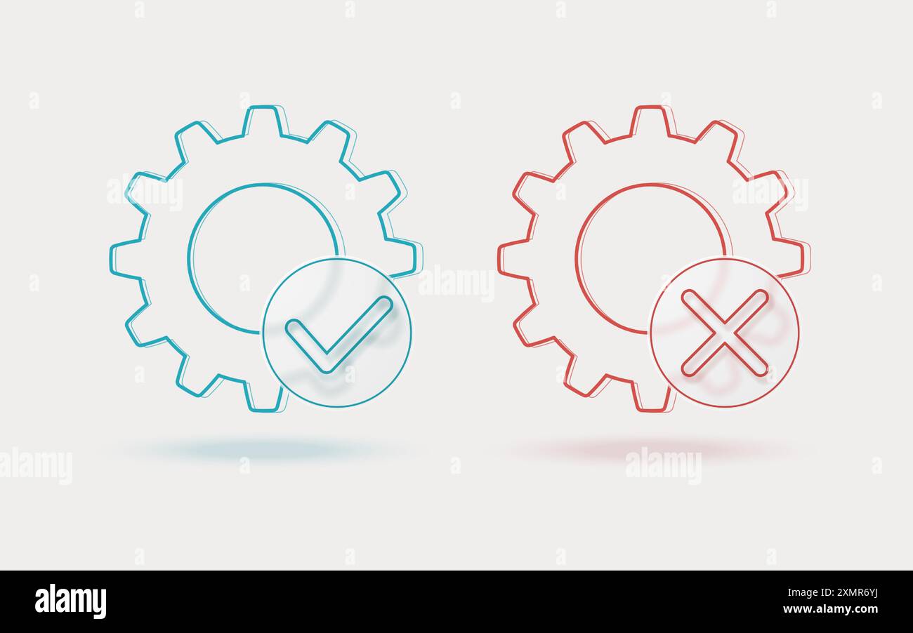 Gear icons with check mark and cross, workflow checked or error. Vector ...
