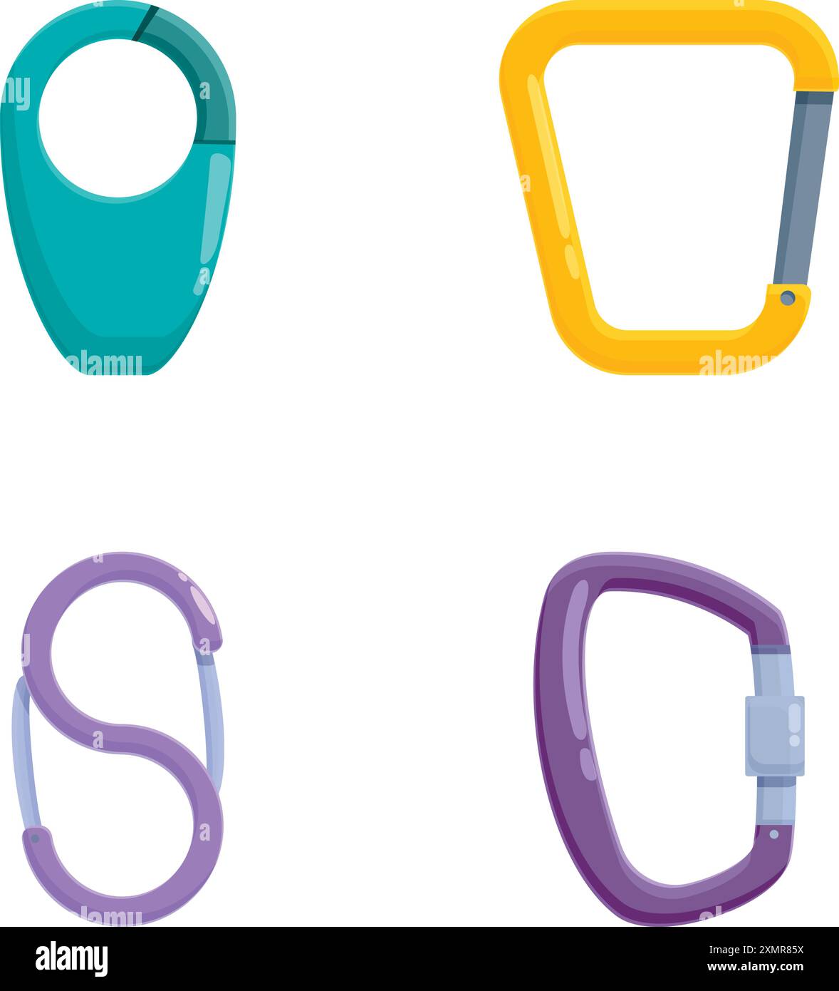 Illustration of four variously shaped and colored carabiner clips ...
