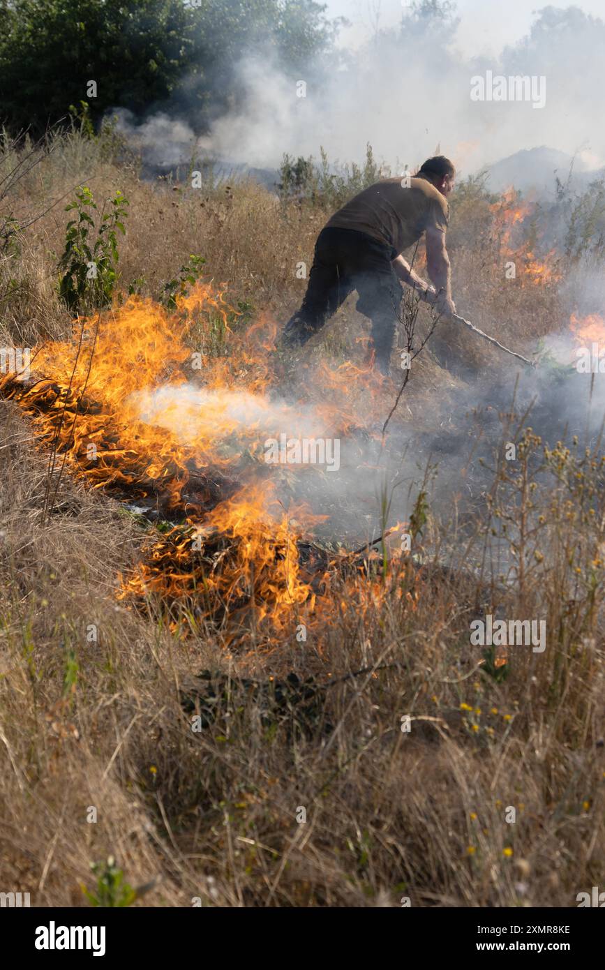ODESSA, UKRAINE - July 24 2024: Forest, steppe fire completely destroy ...