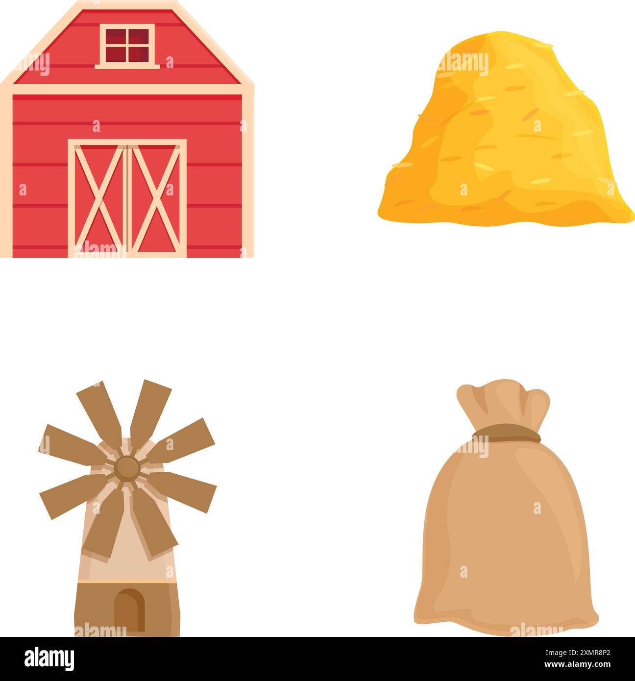 Vector illustration set featuring farm elements, red barn, golden haystack, brown windmill, and ...
