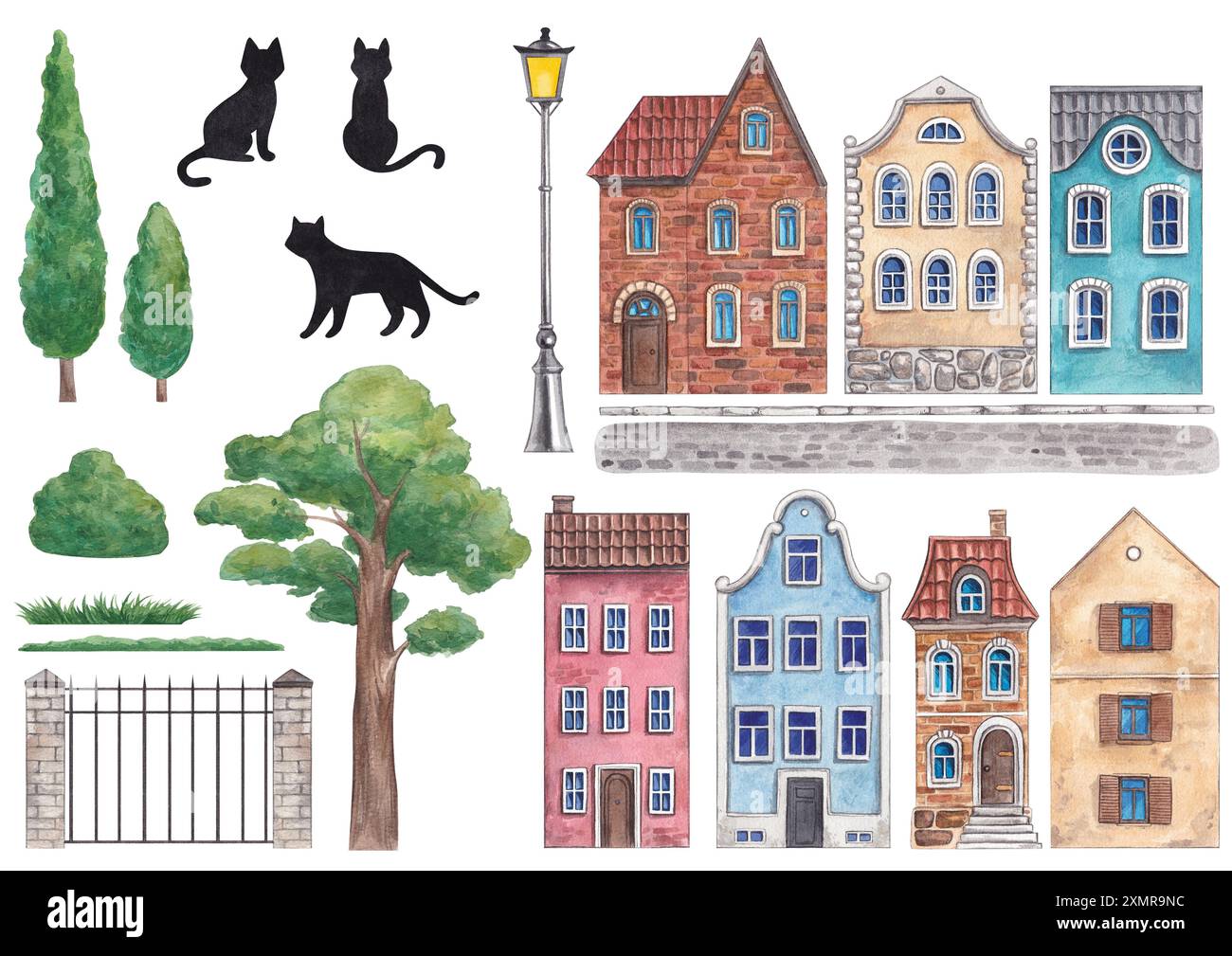 Set of cute European houses with trees and cat silhouettes. Watercolor ...