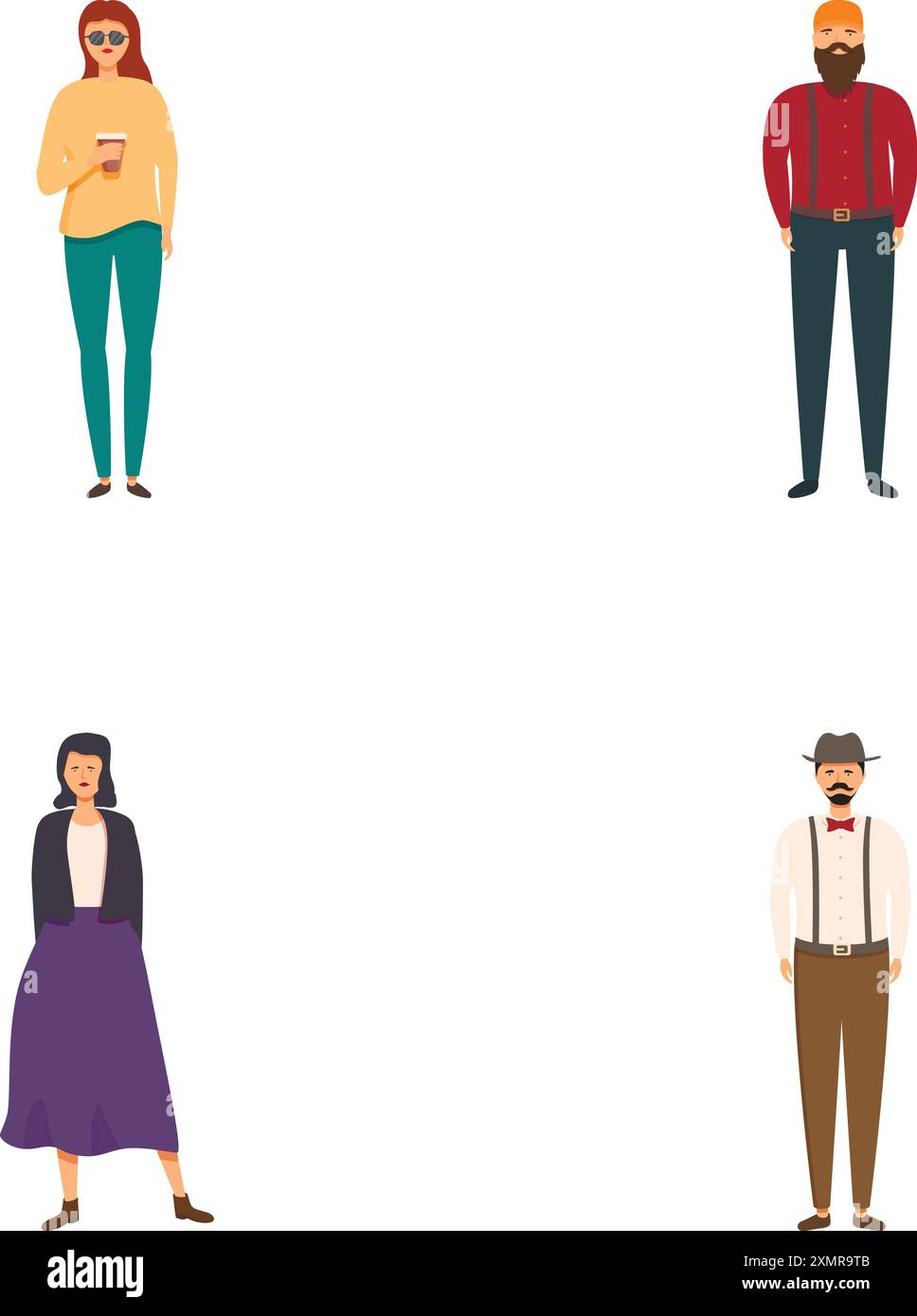 Collection of four cartoon adults in casual and business attire ...
