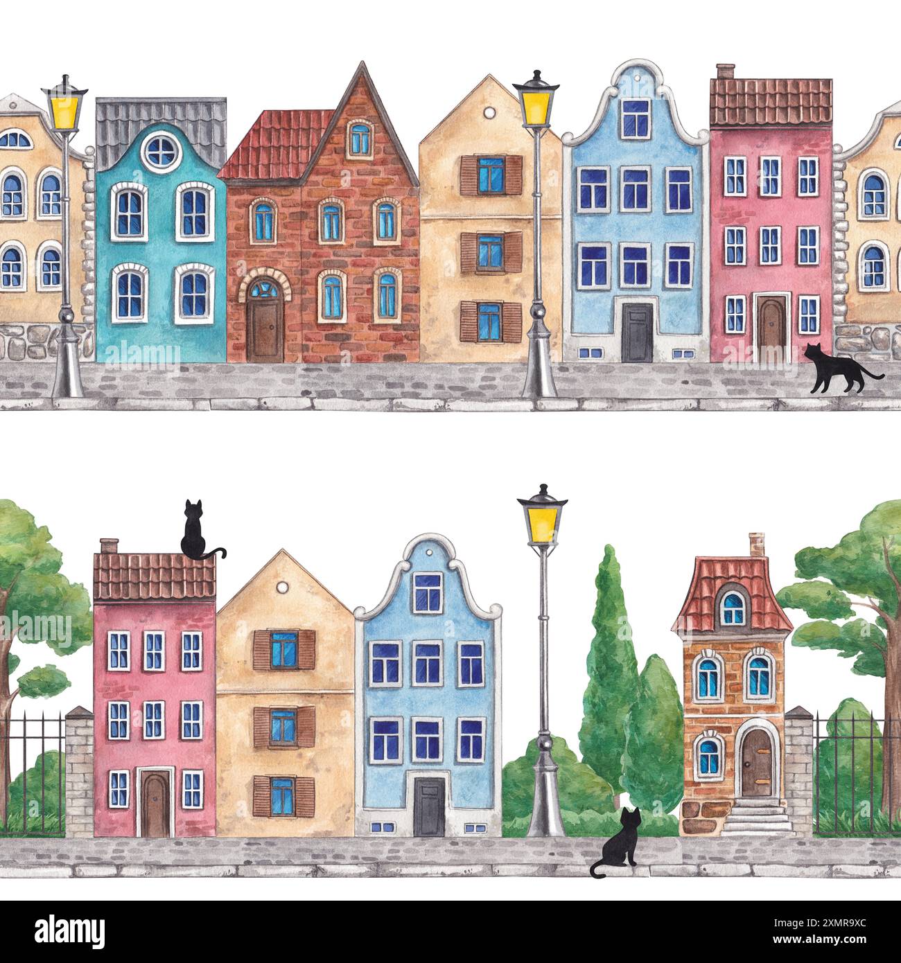 Cute European houses. Watercolor hand-drawn illustration street with ...